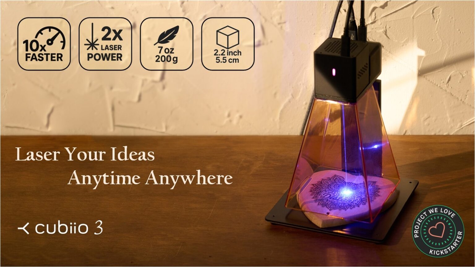 55mm四方のコンパクトさで机の引き出しに収納しておけるレーザー彫刻機「Cubiio 3」 | KURA BASE